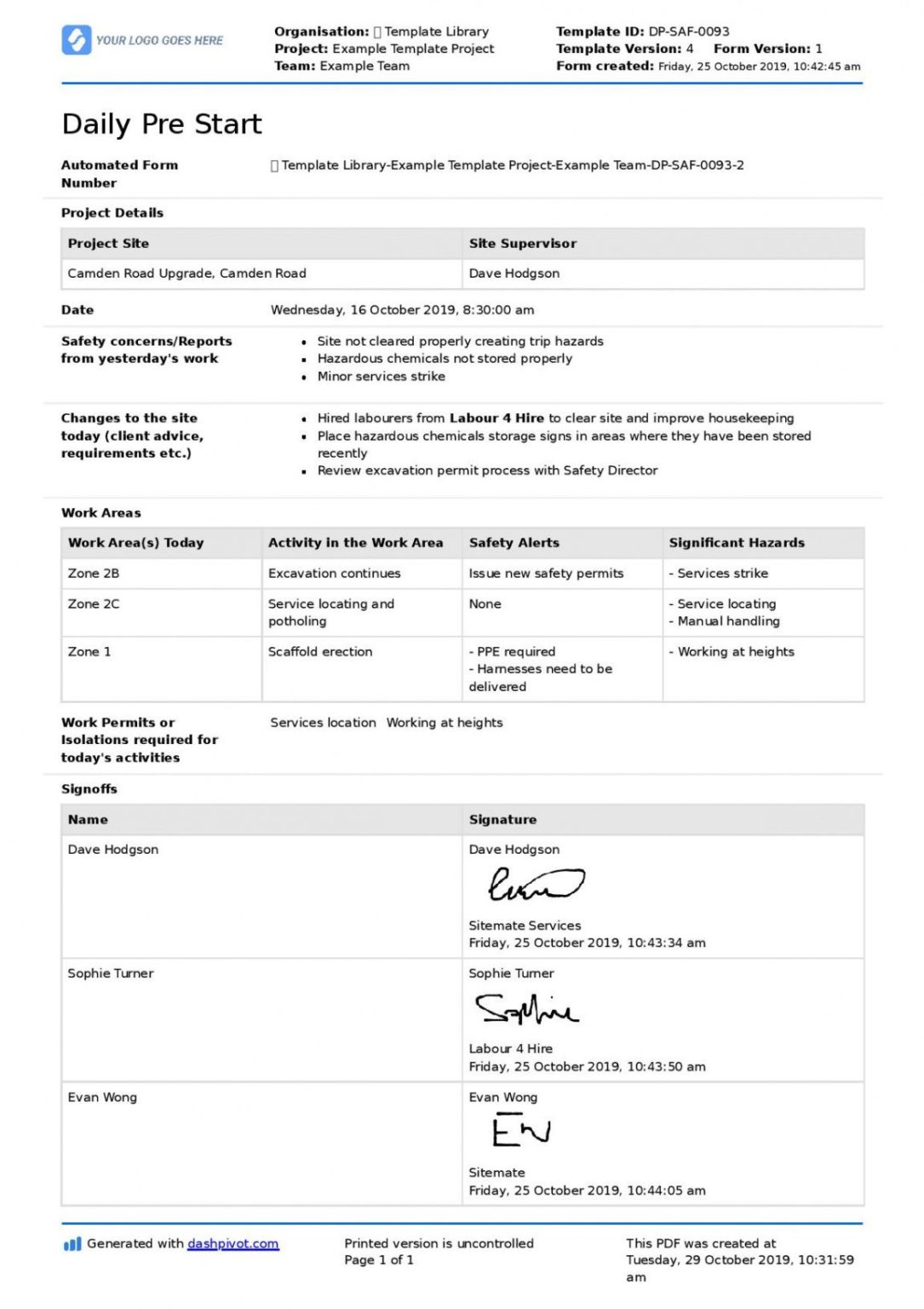 Printable Construction Pre Start Checklist For Any Pre Start Meeting ...