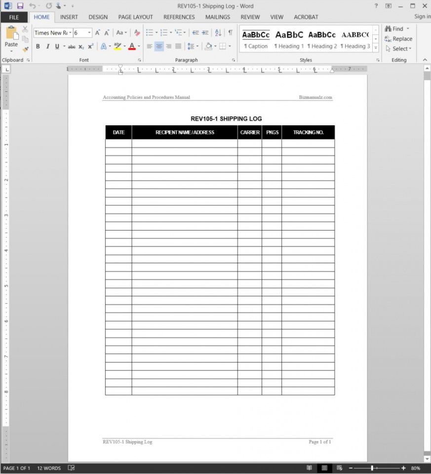 Shipping Log Template Shipping Log Template