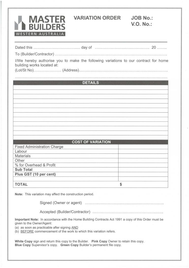 Sample Variation Order Form Pad Cost Plus Building Contract Template ...