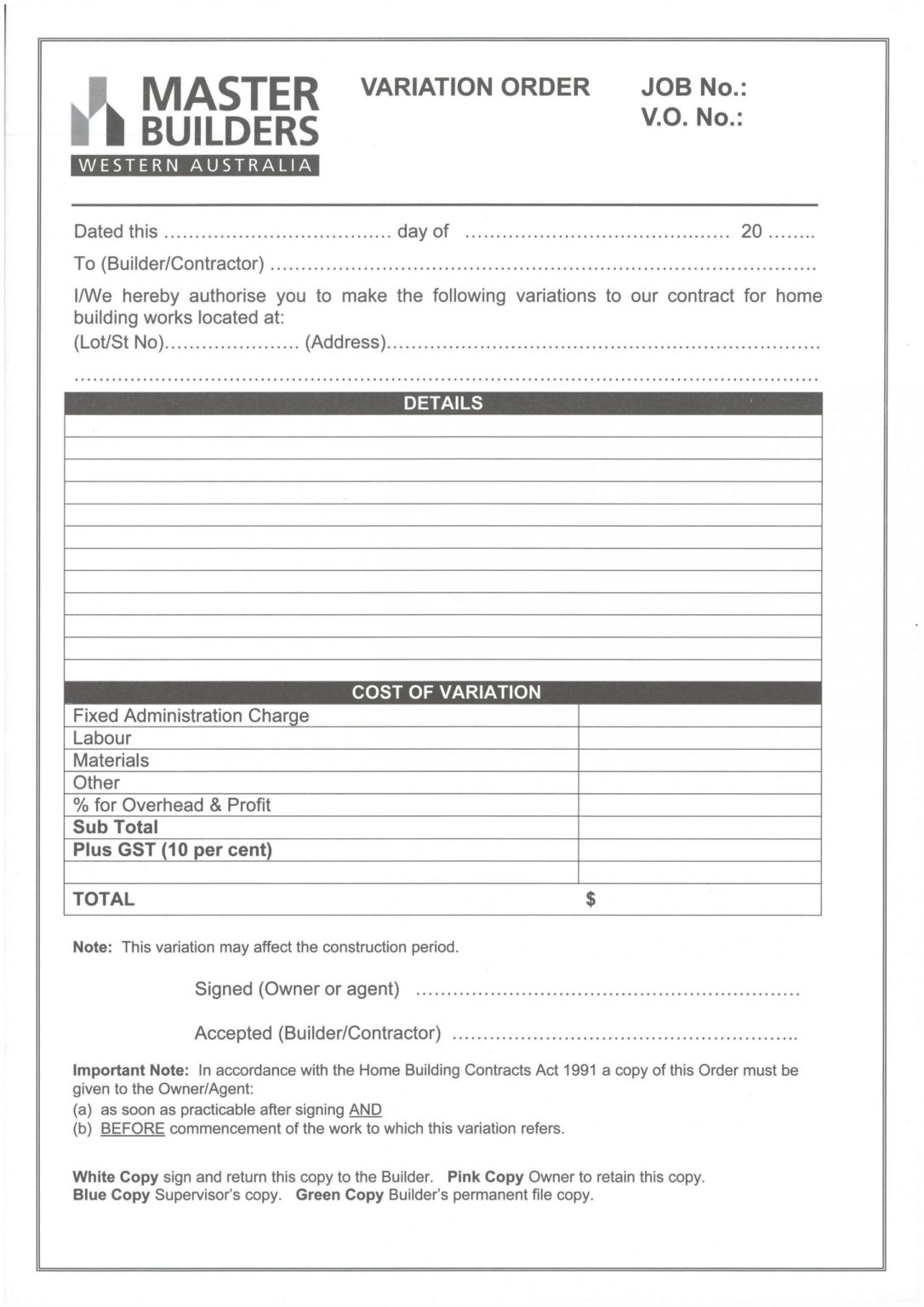 Sample Variation Order Form Pad Cost Plus Building Contract Template ...