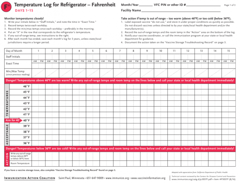 Free Fahrenheit Temperature Log For Refrigerator Vaccine Medication ...