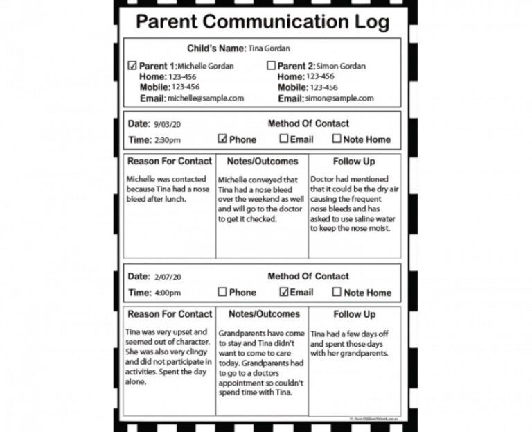 Sample Parent Communication Log Aussie Childcare Network Special ...