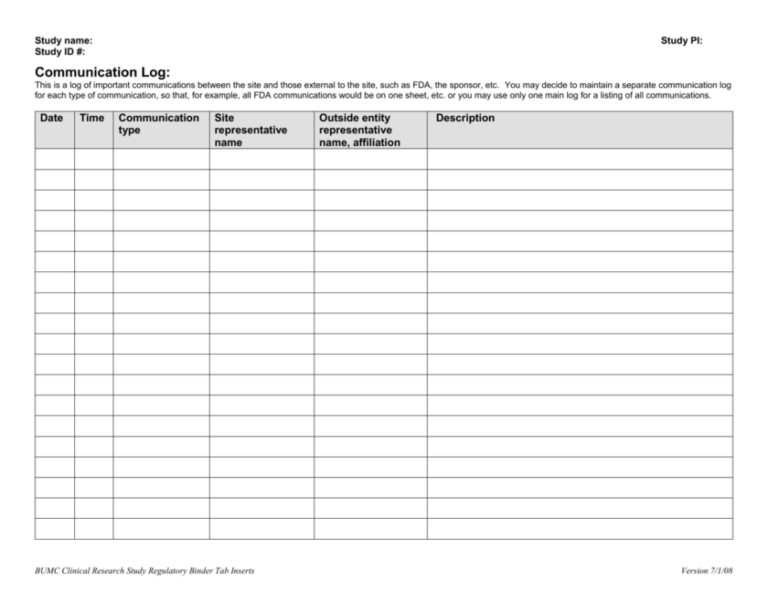 Nursing Communication Log Template