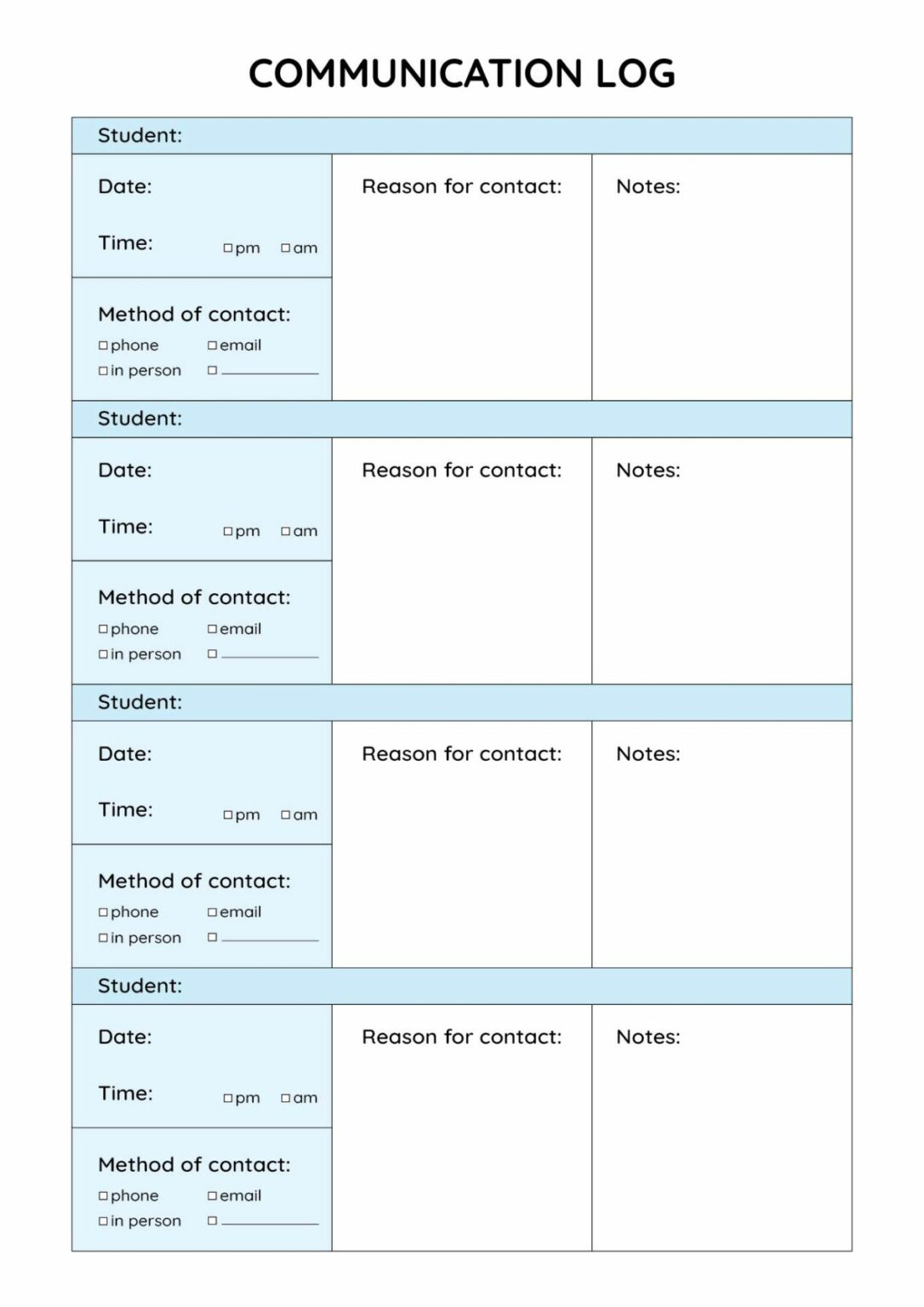 Special Education Parent Communication Log Template
