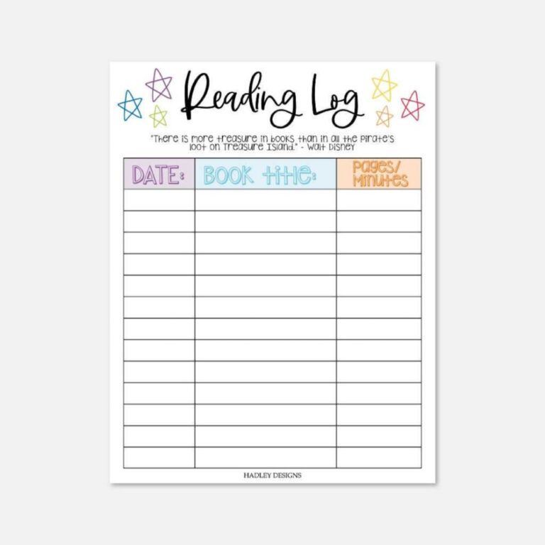 Kindergarten Reading Log Template