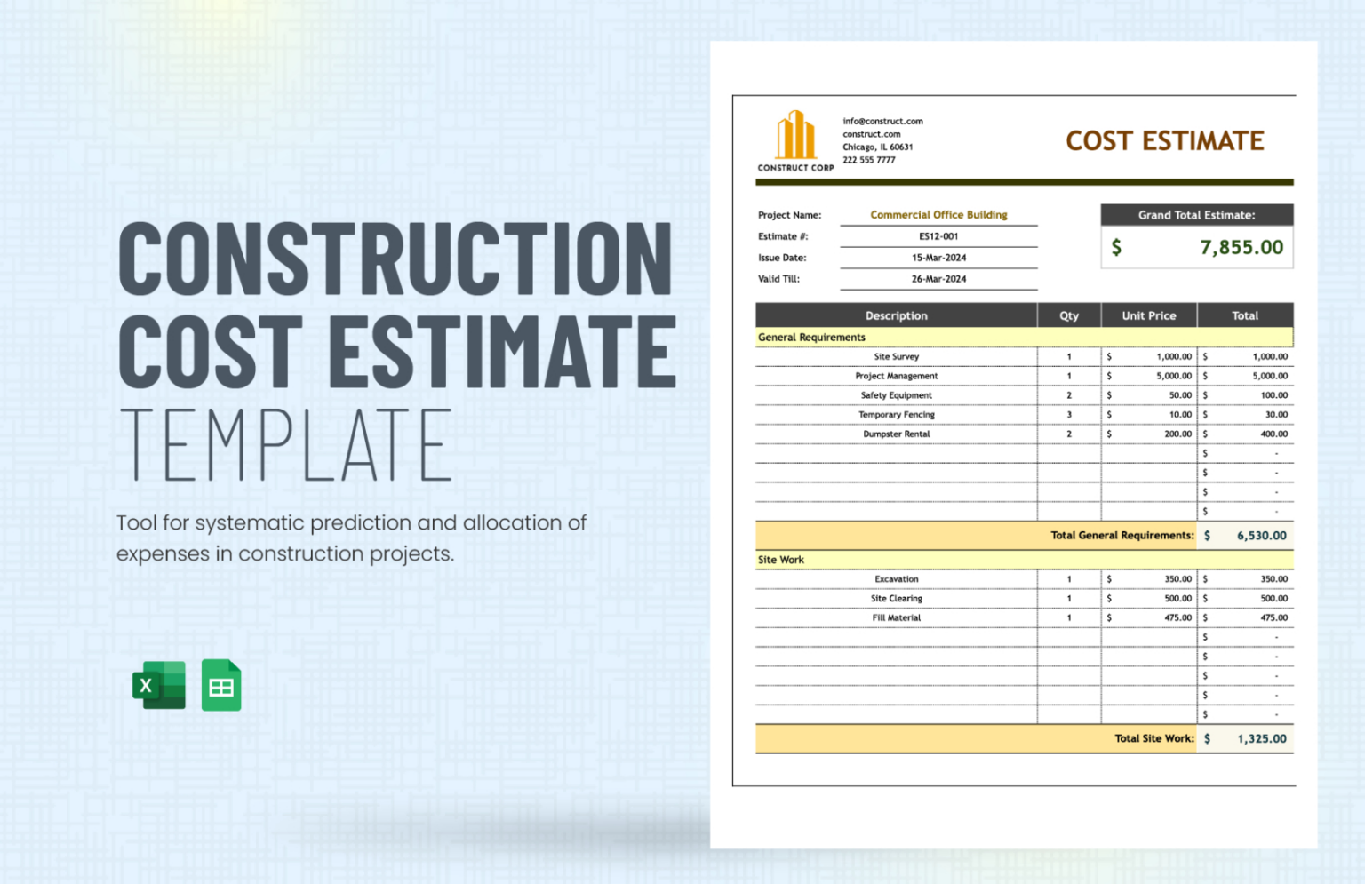 Construction Cost Comparison Template