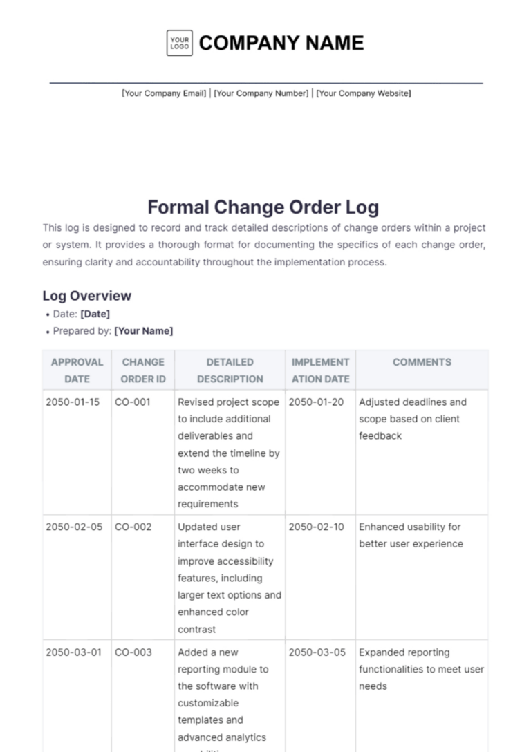 Printable Change Order Log Template Excel Sample | Wssufoundation
