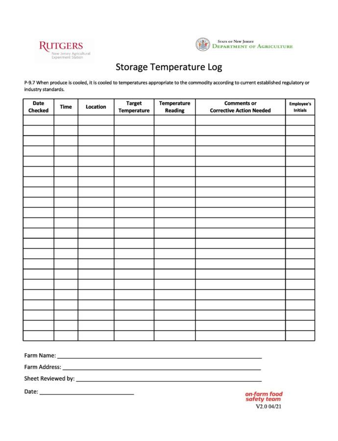 Temperature Log Sheets Template