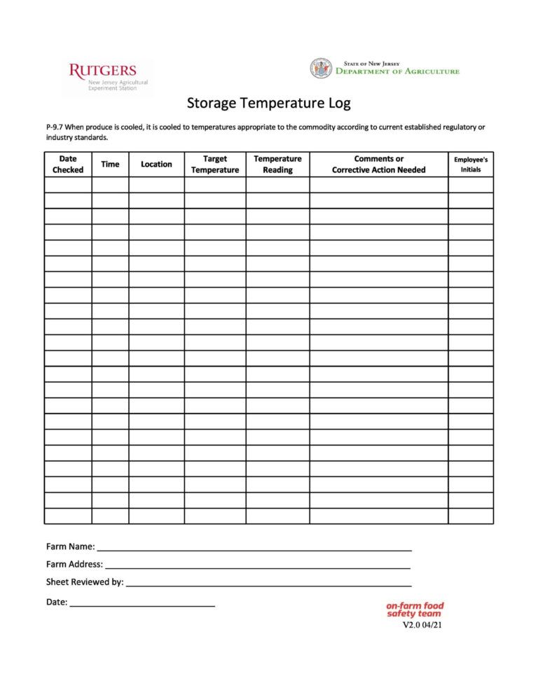 Cooking Temperature Log Template