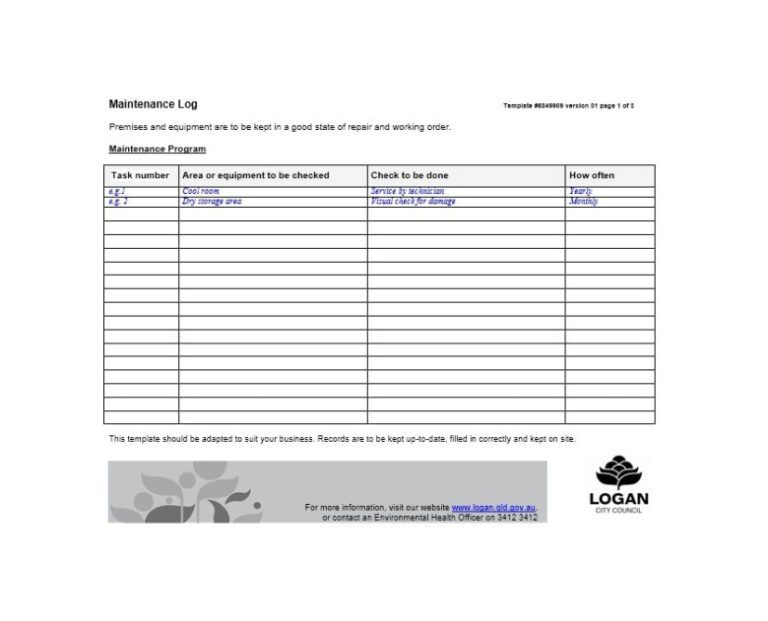 Gym Equipment Maintenance Log Template