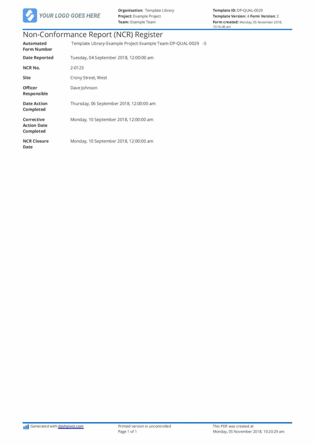 Non Conformance Report Log Template Excel | Wssufoundation