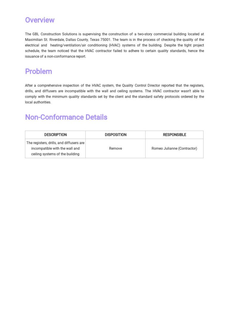 Printable Non Conformance Report Log Template Word Sample | Wssufoundation