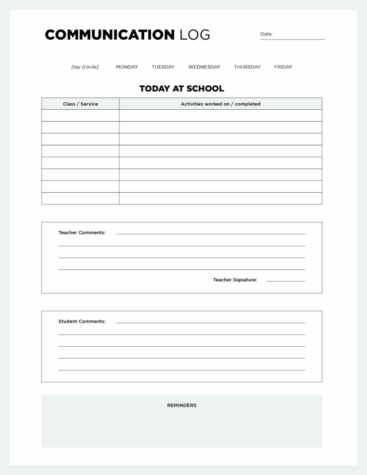Teacher Parent Communication Log Template