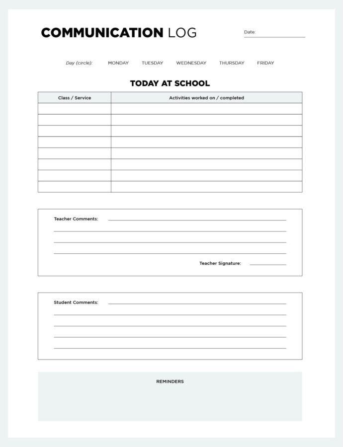 Special Education Daily Communication Log Template