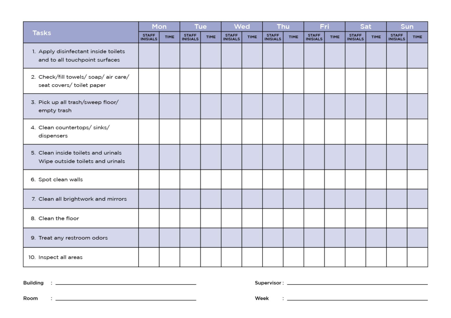 Hourly Bathroom Cleaning Log Template