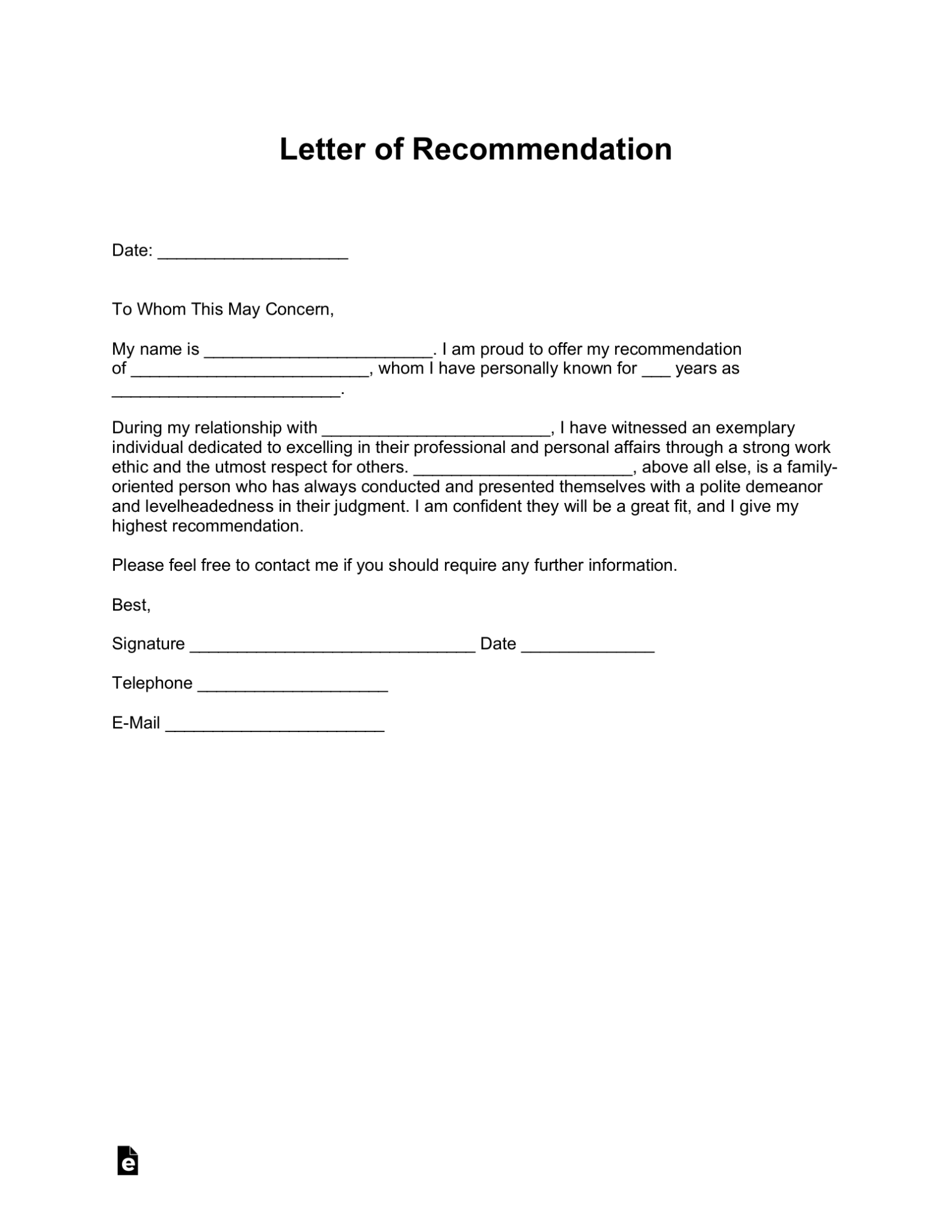 Blank Letter of Recommendation Template