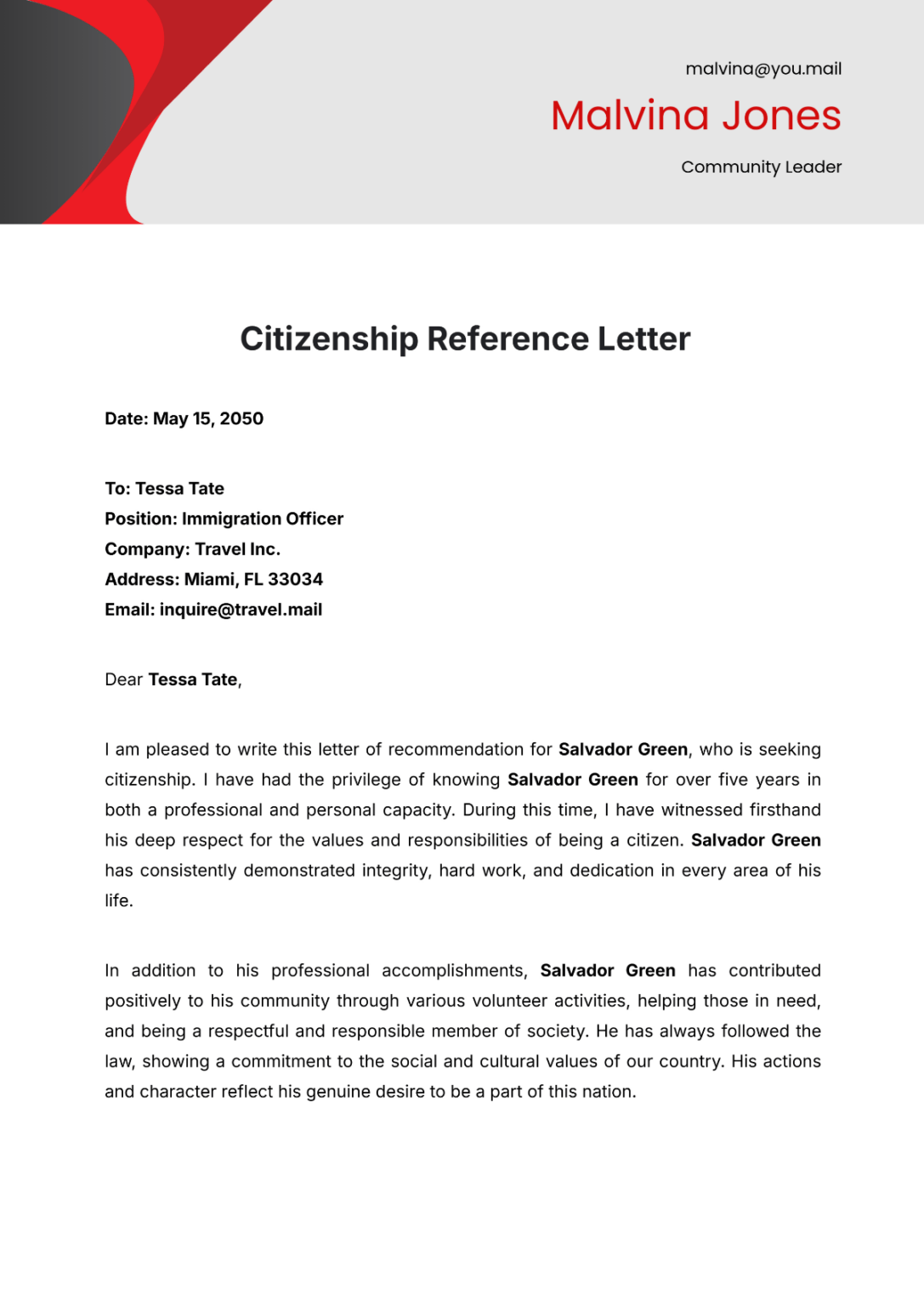 Citizenship Letter of Recommendation Template