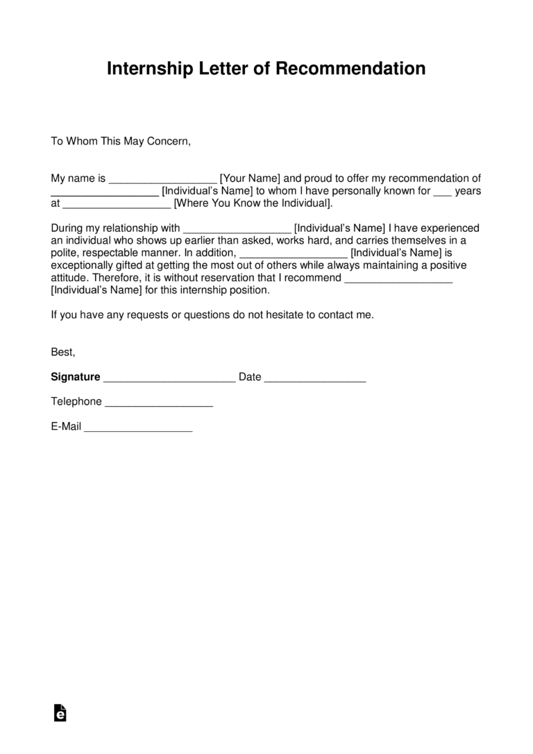 Intern Letter of Recommendation Template