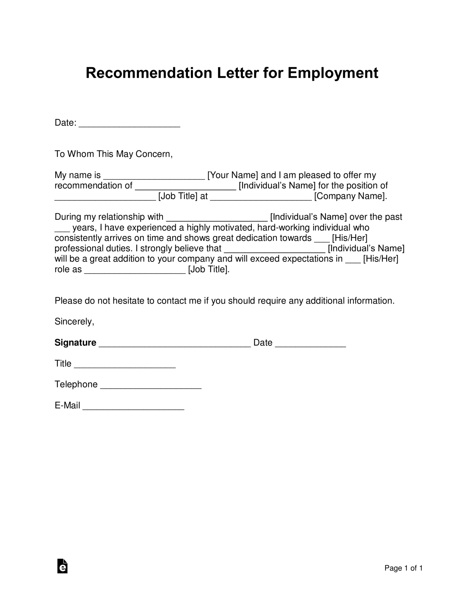 Letter of Recommendation Template for Job