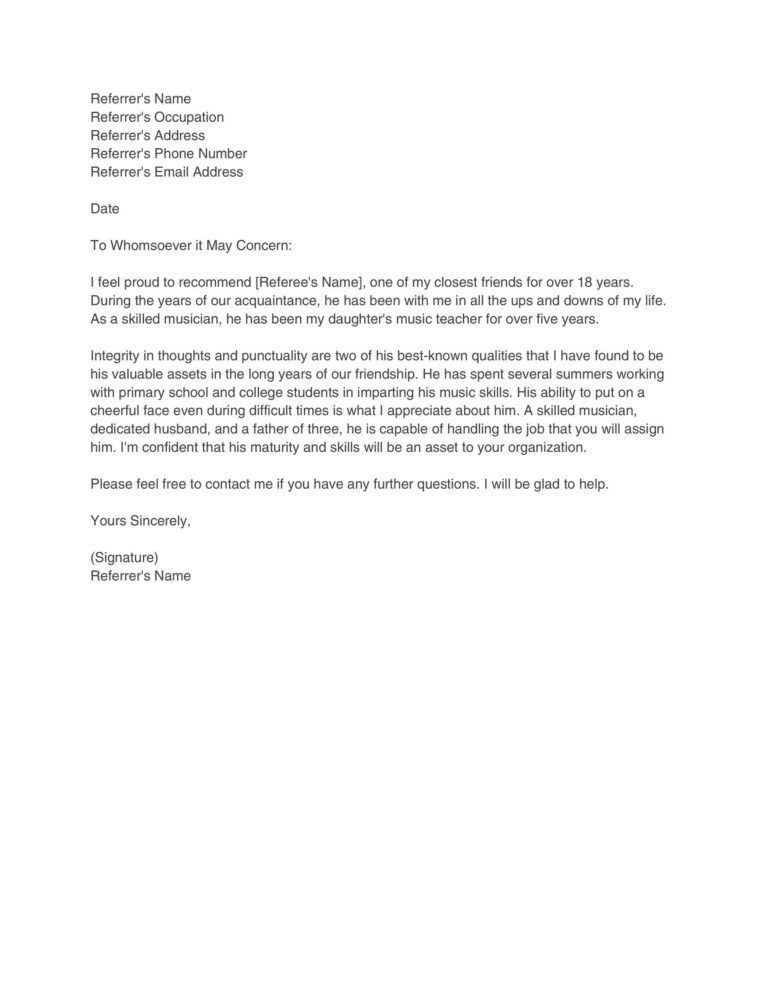 Personal Reference Letter of Recommendation Template