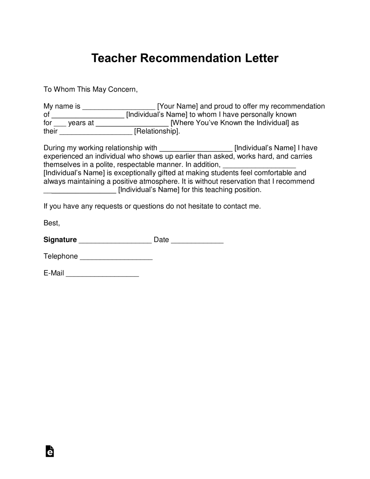 Student Teacher Letter of Recommendation Template