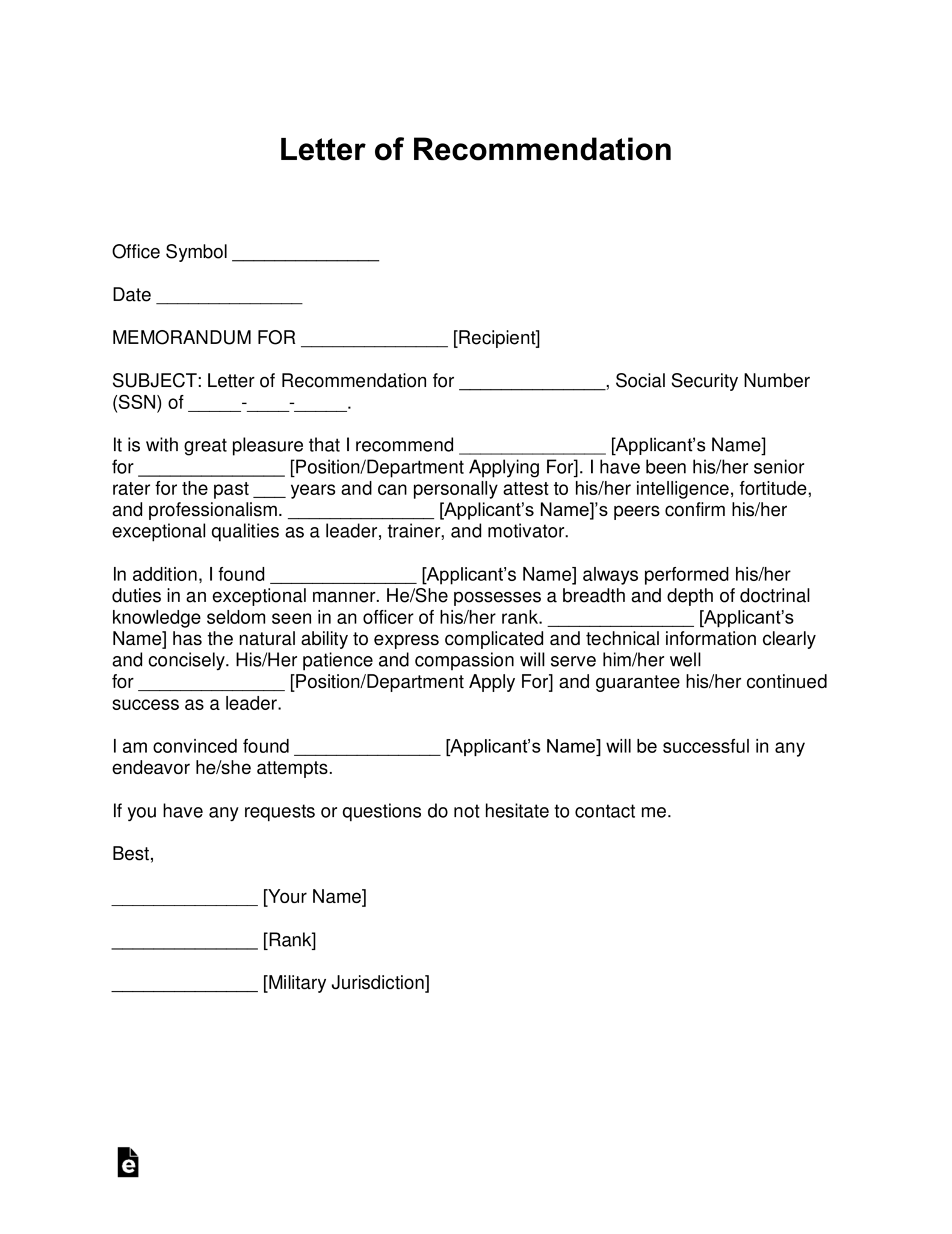 Warrant Officer Letter of Recommendation Template