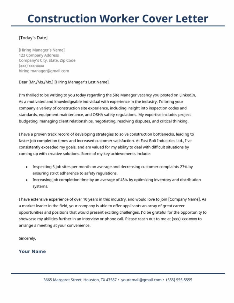 Construction Worker Cover Letter Template