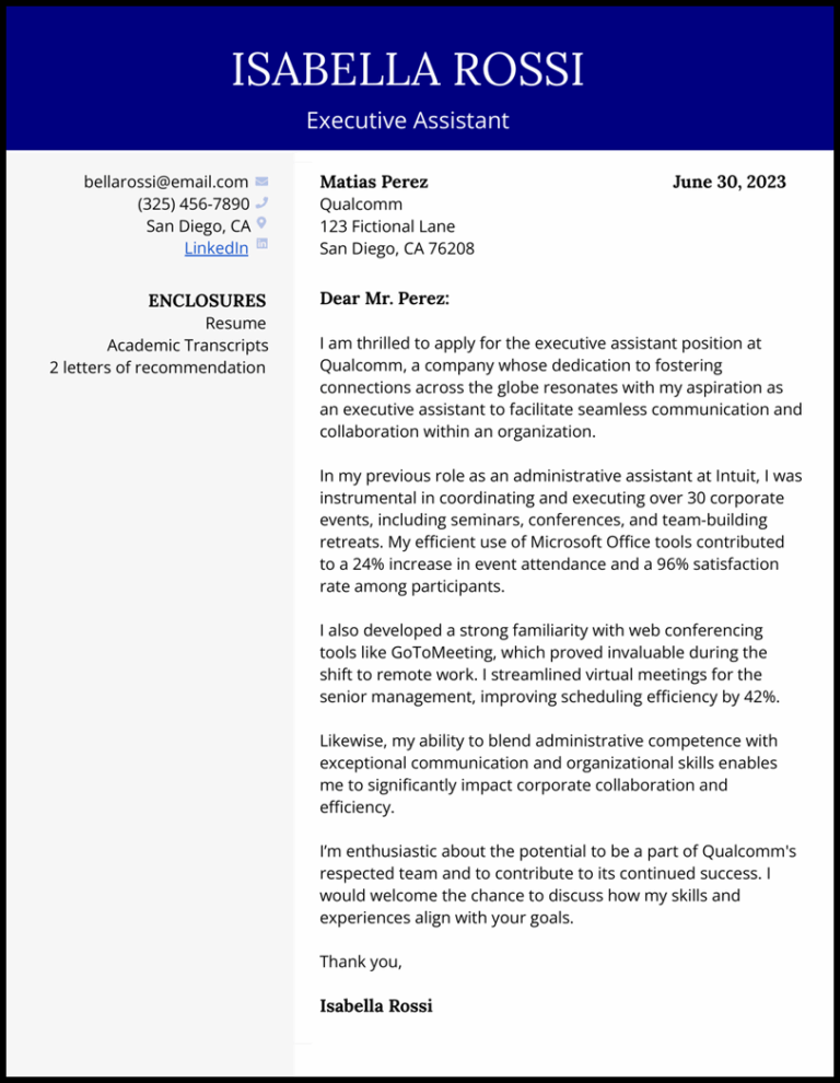 Cover Letter Template For Executive Assistant