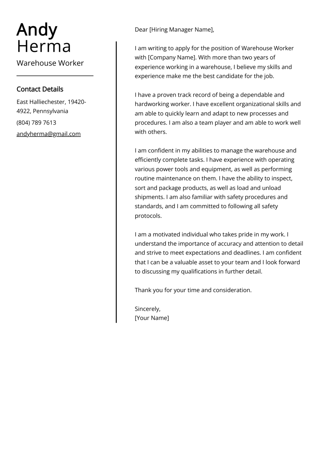 Cover Letter Template for Warehouse Position