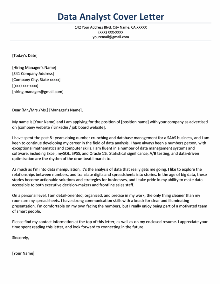 Data Analyst Cover Letter Template