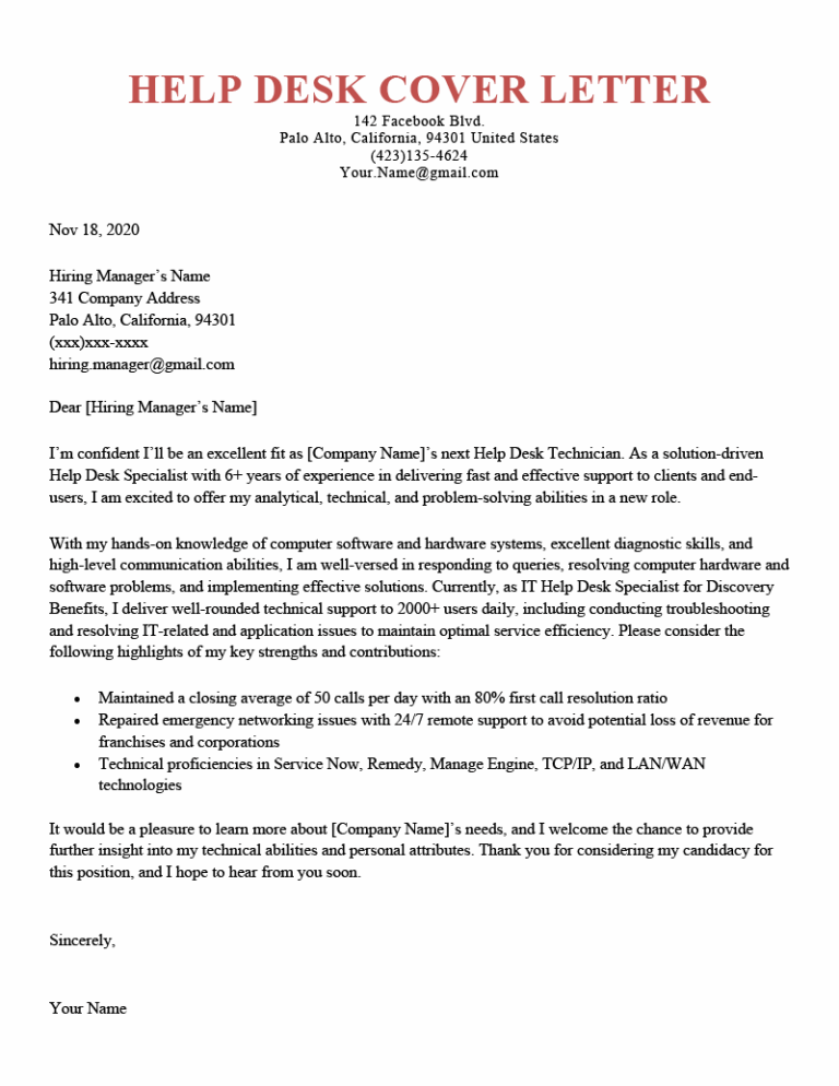 Help Desk Cover Letter Template