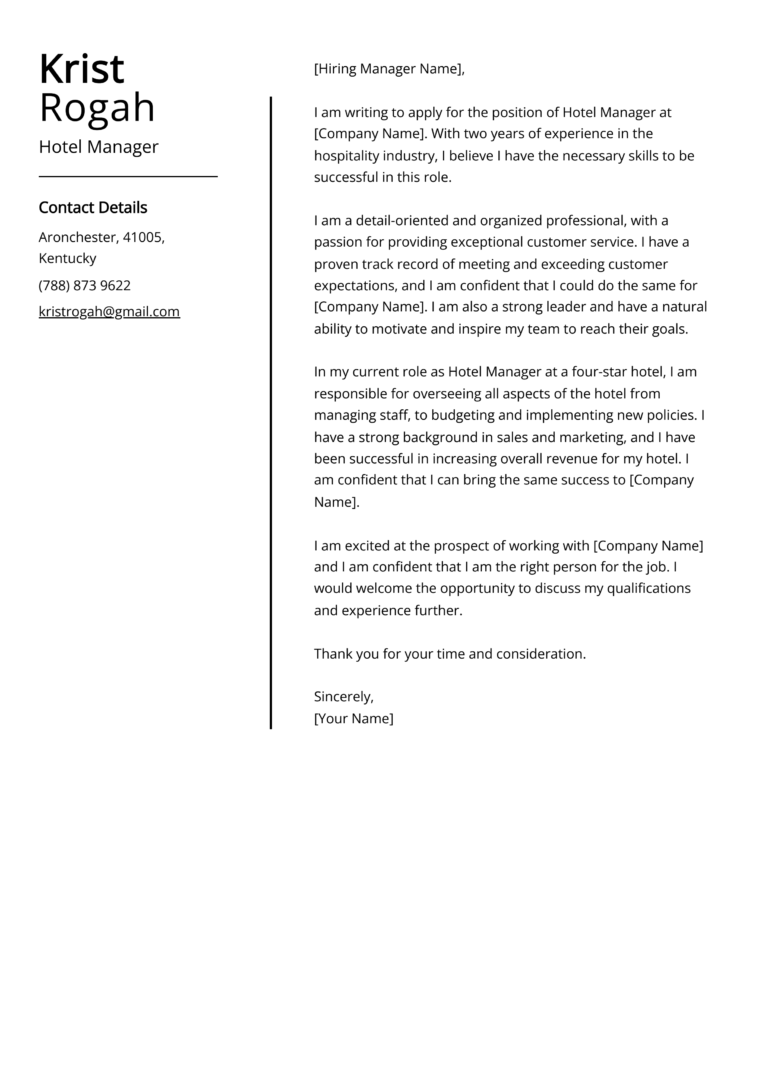 Hotel Manager Cover Letter Template