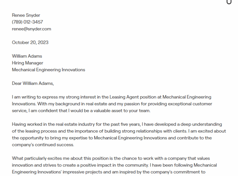 Leasing Agent Cover Letter Template