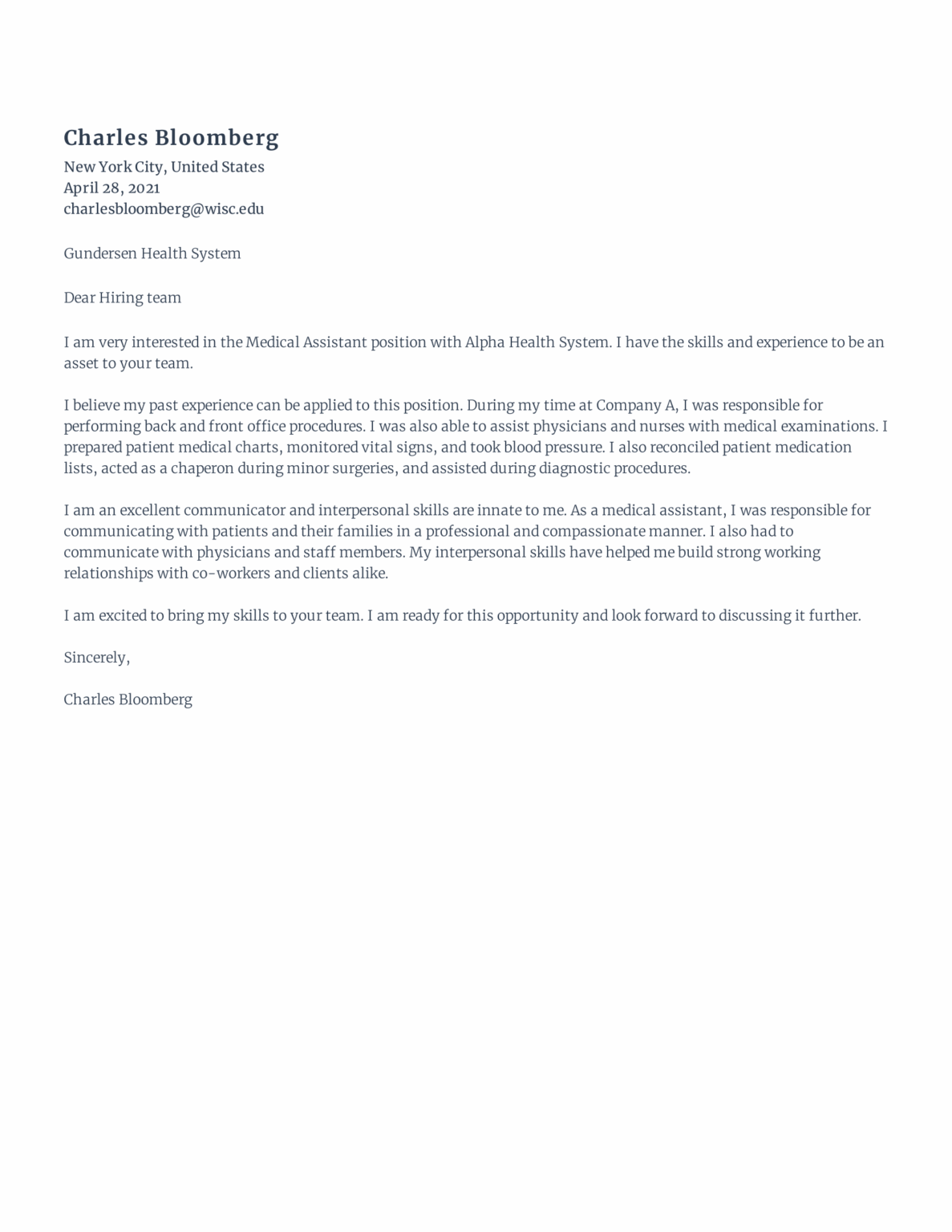 Medical Assistant Cover Letter Template
