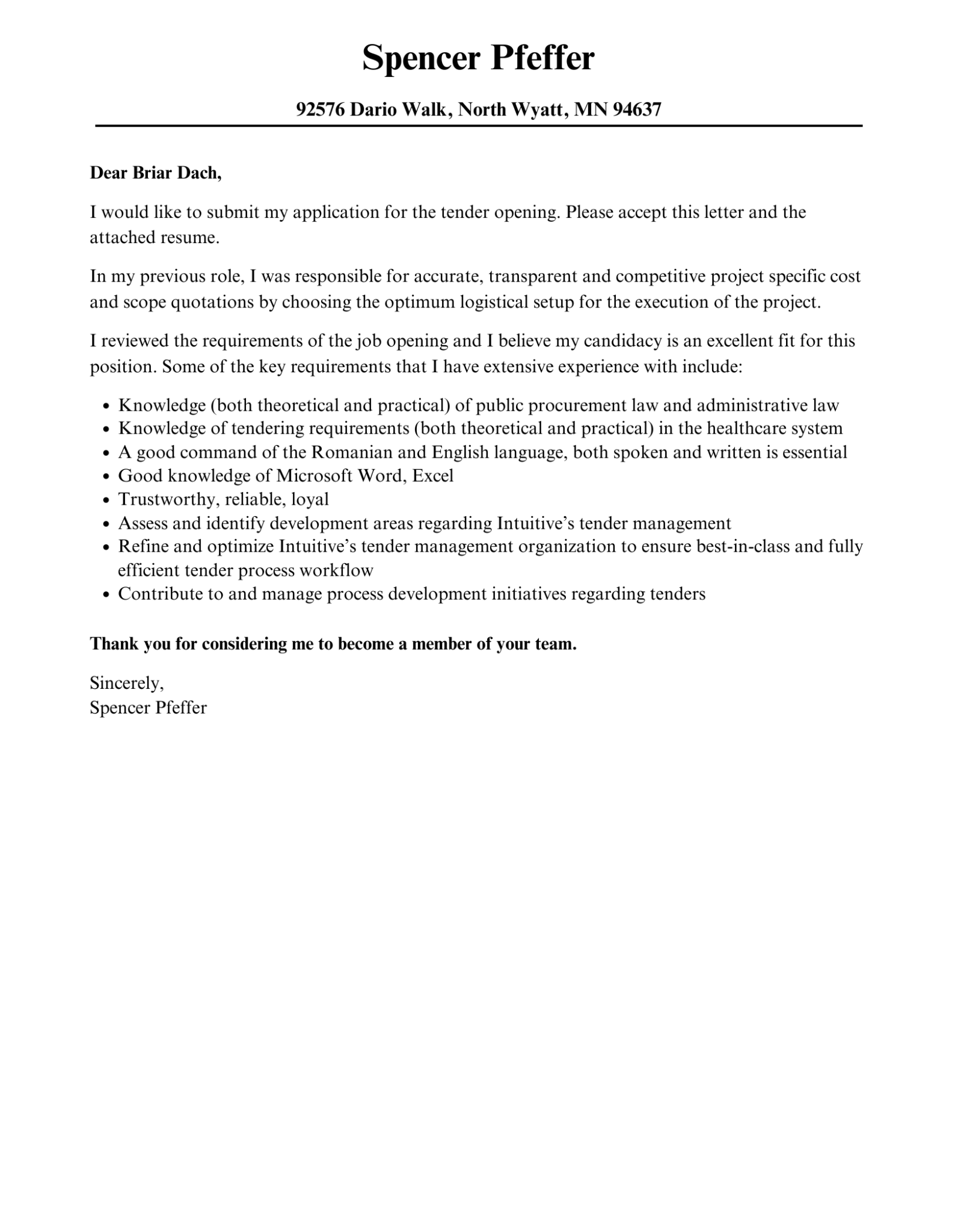 Tender Submission Cover Letter Template